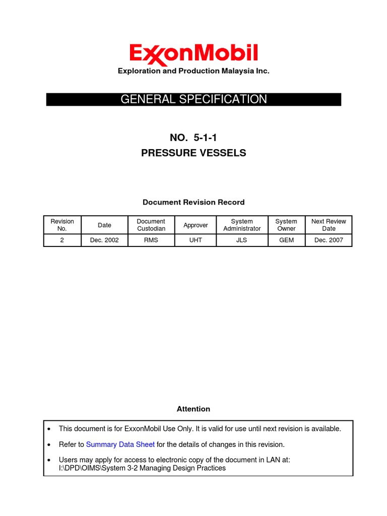 General Specification: NO. 5-1-1 Pressure Vessels | Download Free PDF ...