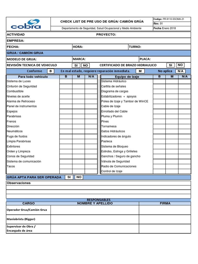FR-9110-SSOMA-21 Check List Pre Uso de Grua - Camión Grua | PDF ...