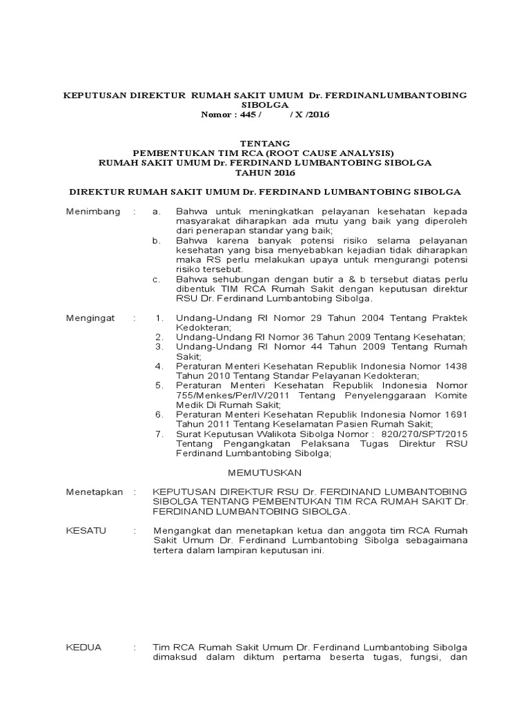 Pembentukan Tim RCA RSU Sibolga 2016 | PDF | Kesehatan Holistik