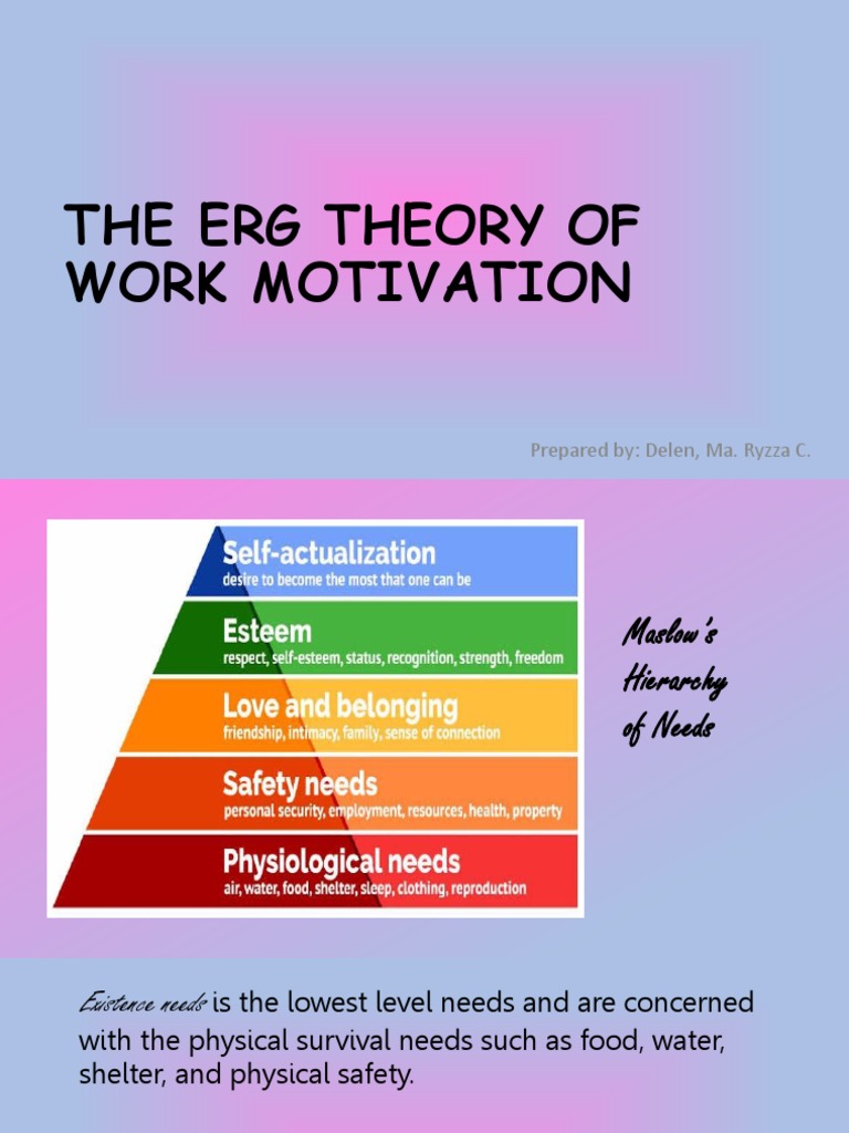 The Erg Theory of Work Motivation: Prepared By: Delen, Ma. Ryzza C | PDF | Motivation | Motivational