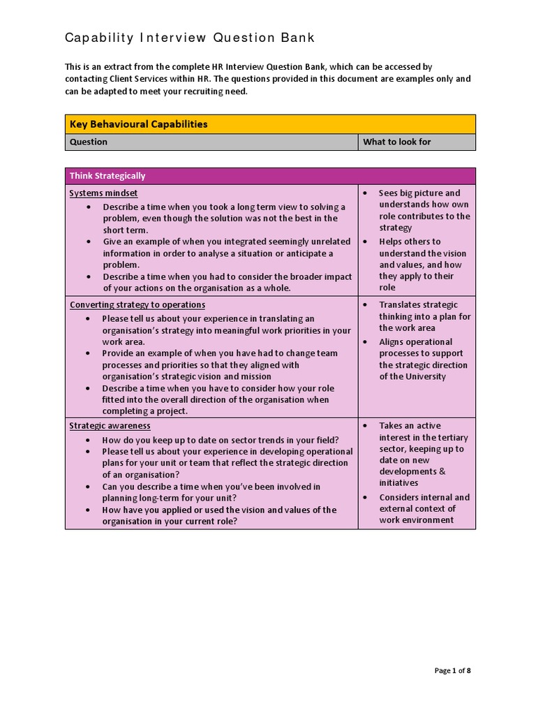 Capability Interview Question Bank: Key Behavioural Capabilities | PDF ...