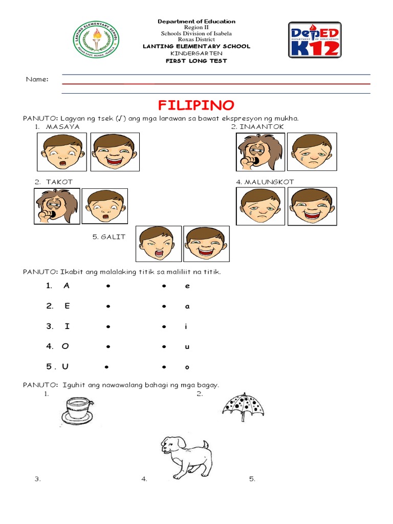 First Quarter Exam Kindergarten | PDF
