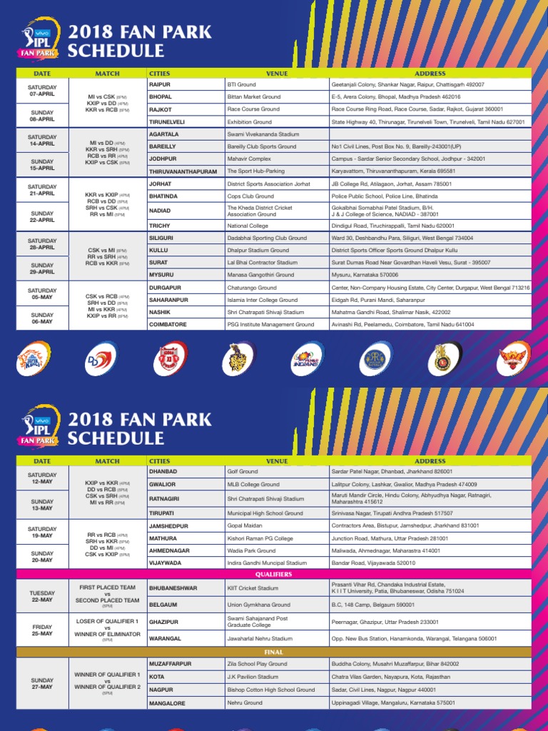 Vivo Ipl 2018 Fan Park Schedule | PDF | South Asia