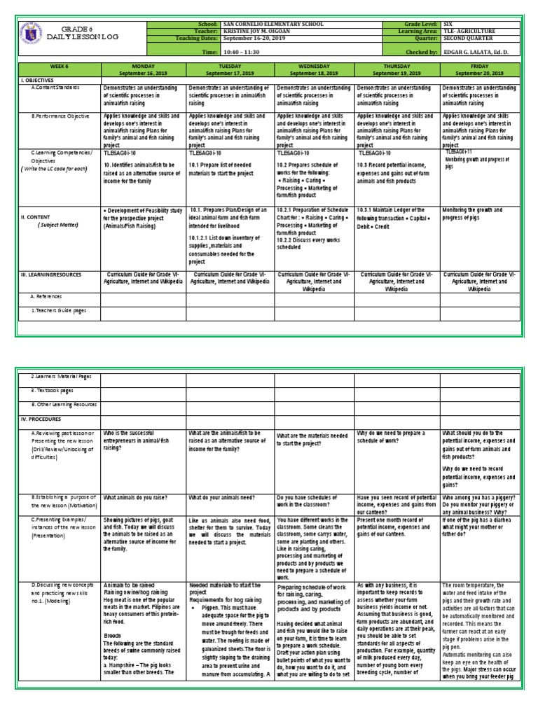 Grade 6 TLE Agriculture Lesson Plan | PDF | Goat | Meat