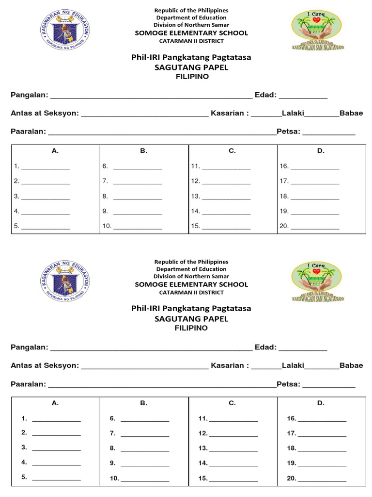 Phil-IRI Assessment Answer Sheet | PDF | Government Agencies | Domestic ...