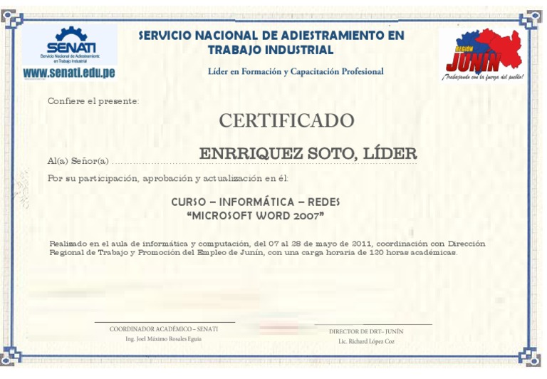 Certificado de Curso en Informática SENATI | PDF