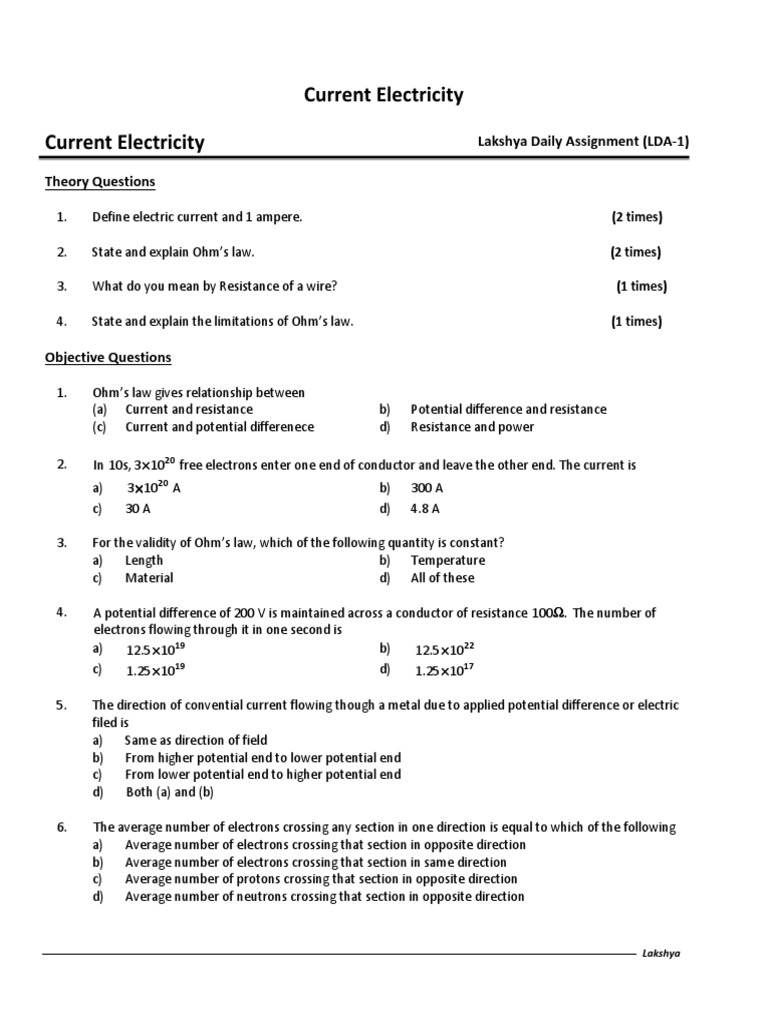 Current Electricity Current Electricity: Lakshya Daily Assignment (LDA-1) Theory Questions | PDF ...