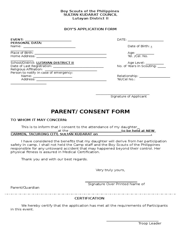 Parent/ Consent Form: Boy Scouts of The Philippines Sultan Kudarat ...