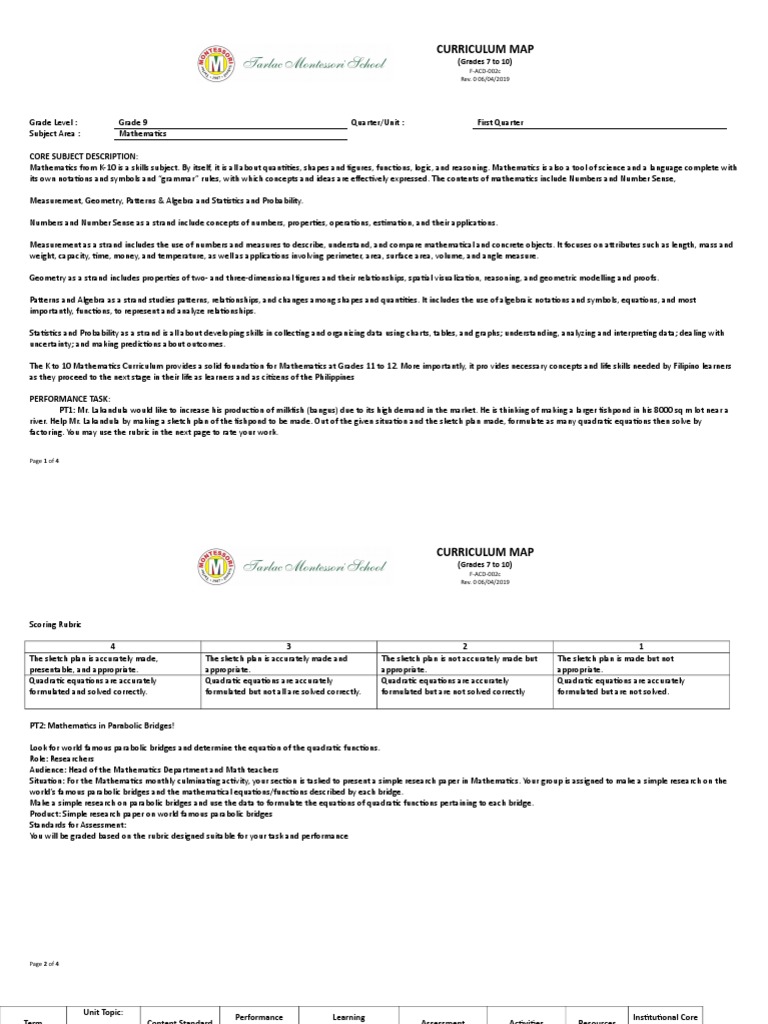 Grade 9 Mathematics Curriculum Map | PDF | Quadratic Equation ...