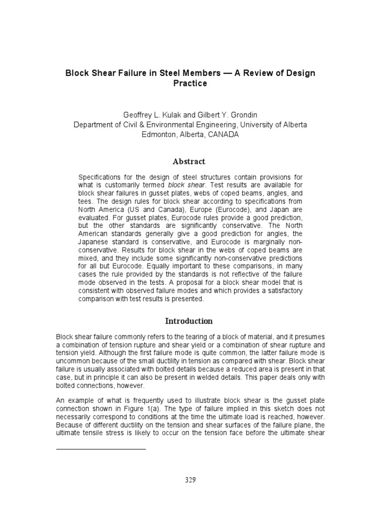 Block Shear Failure in Steel Members - A Review of Design Practice PDF ...