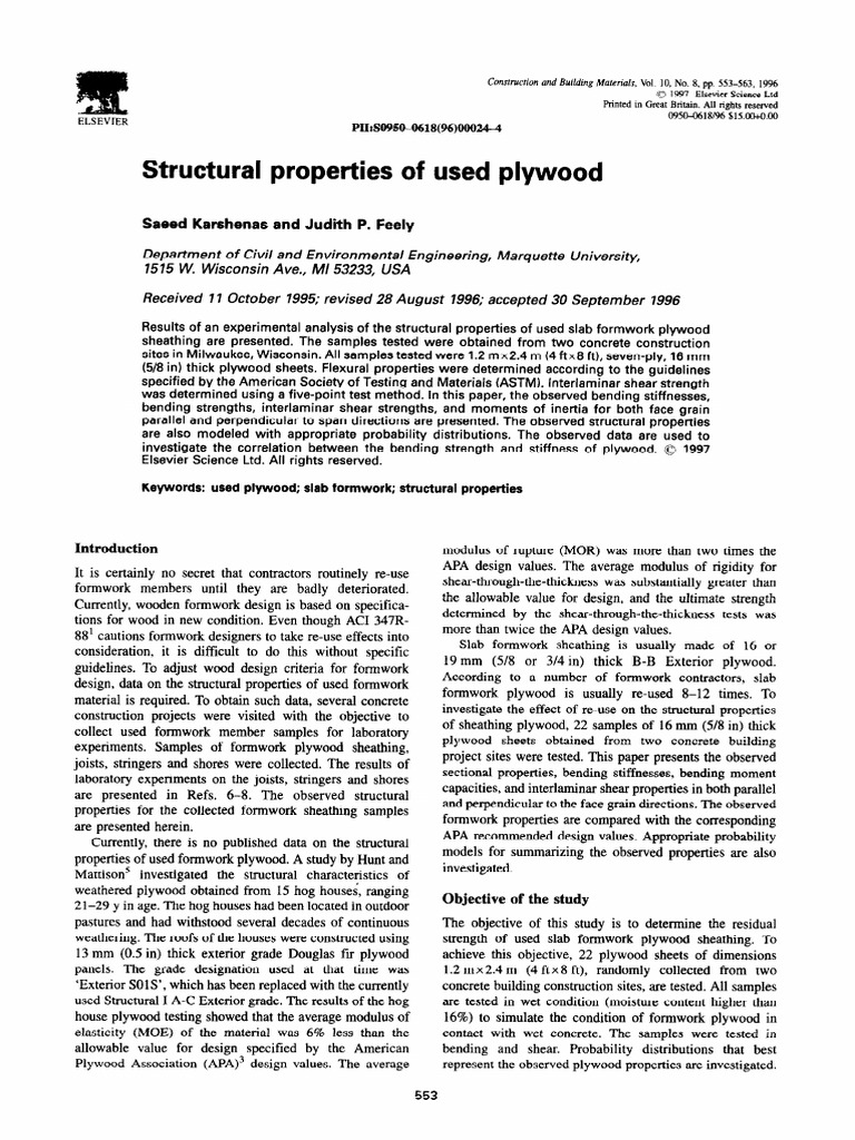 Structural Properties Of Used Plywood Pdf Plywood Bending