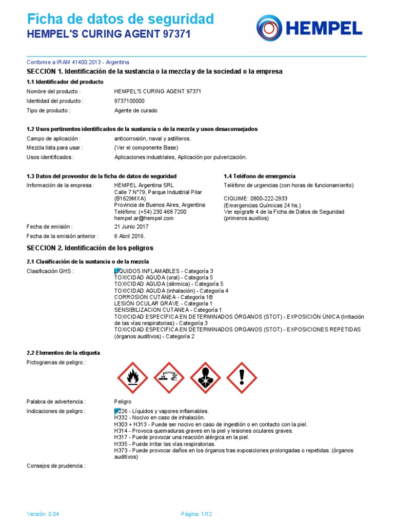 Hempel's Curing Agent 9737100000 Es-es | Oxígeno | Solvente