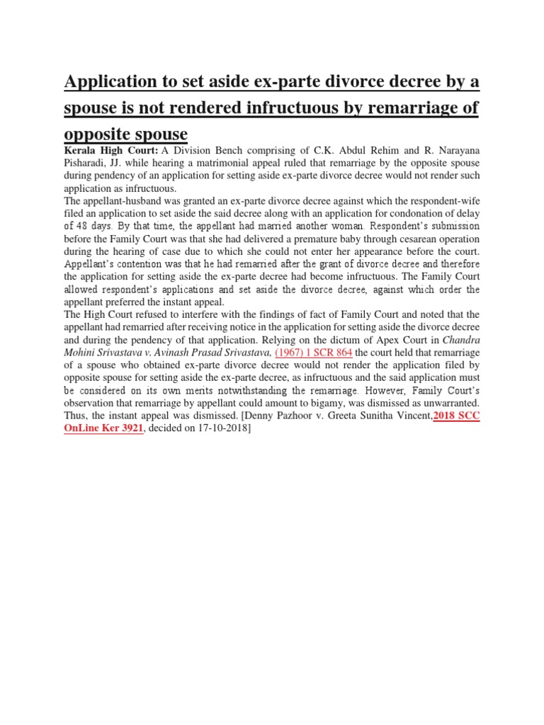 Application To Set Aside Ex-Parte Divorce Decree by A Spouse Is Not Rendered Infructuous by ...