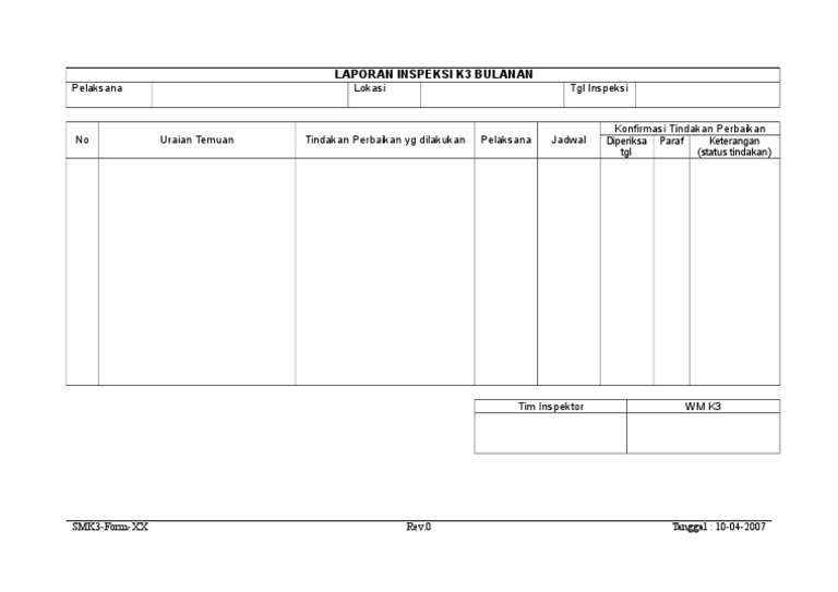 Form Laporan Inspeksi K3 Bulanan | PDF