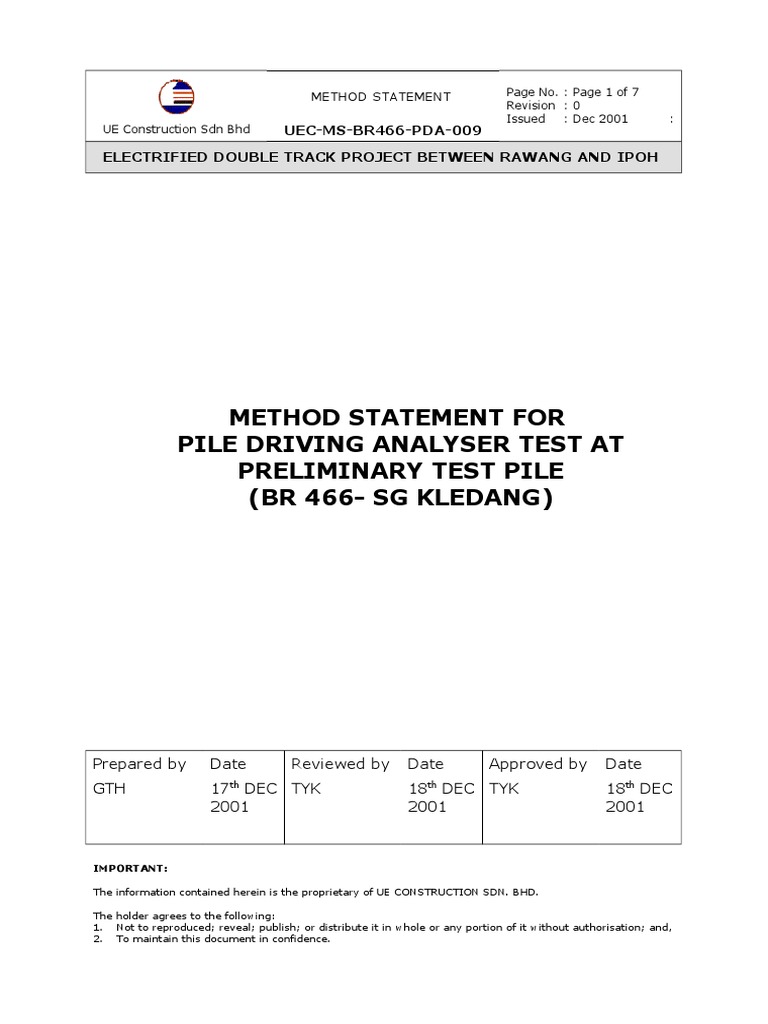 Method Statement For Pile Driving Analyser Test at Preliminary Test ...