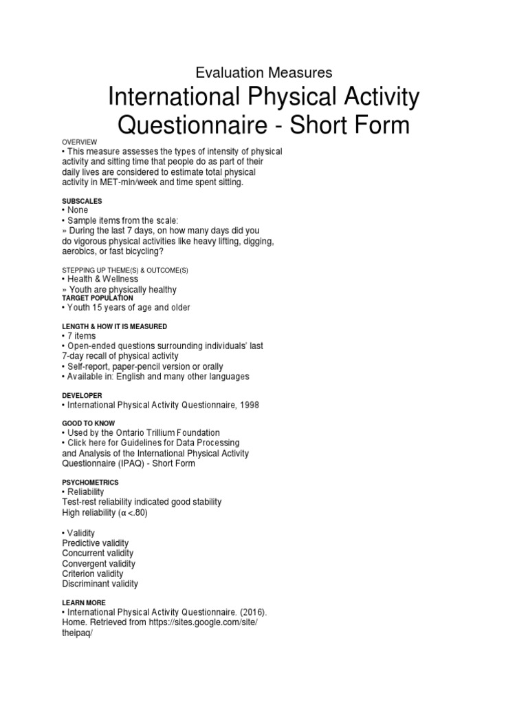 International Physical Activity Questionnaire - Short Form: Evaluation Measures | PDF ...