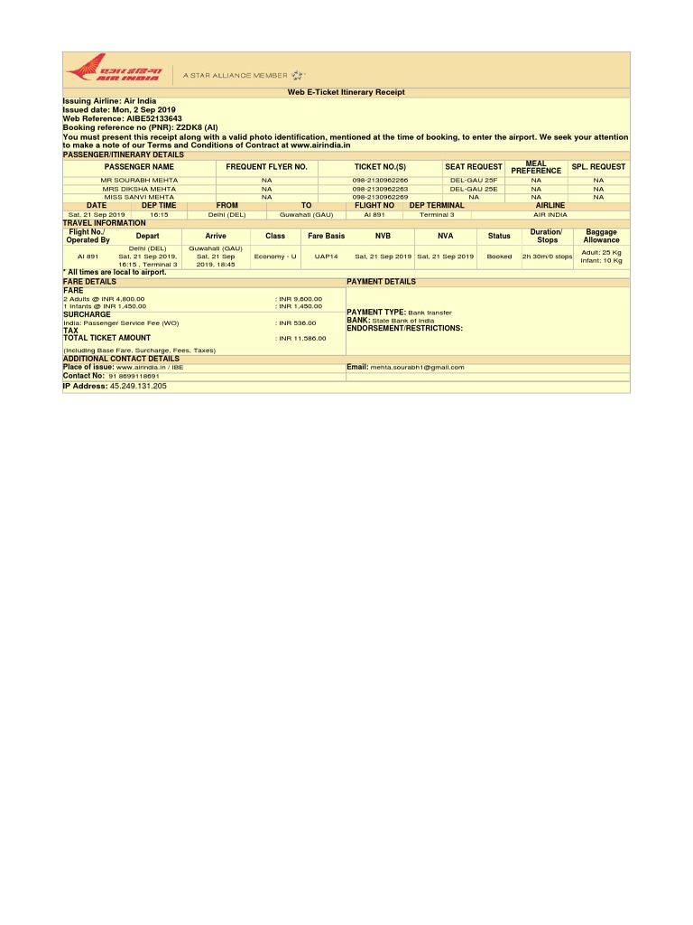 Air India Ticket | PDF | Baggage | Service Industries