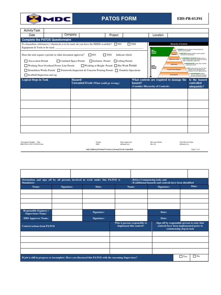 EHS-PR-03.F01 PATOS Form PDF | PDF | Engineering | Occupational Safety ...