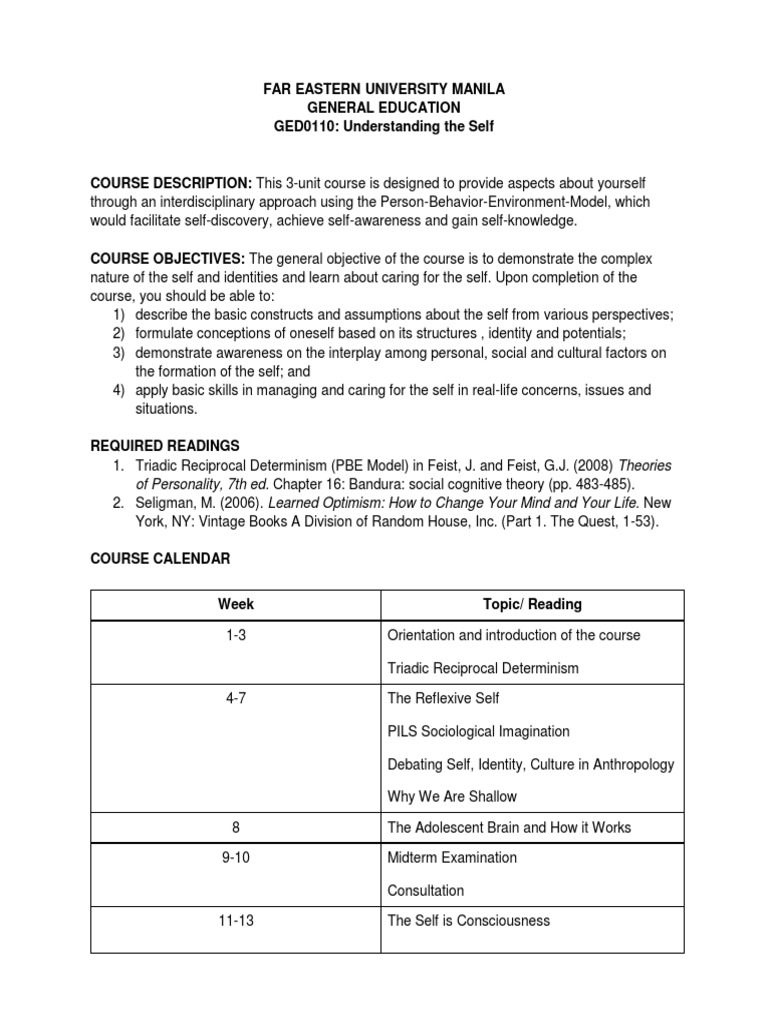 Understanding The Self Course Outline | PDF | Self | Identity (Social Science)