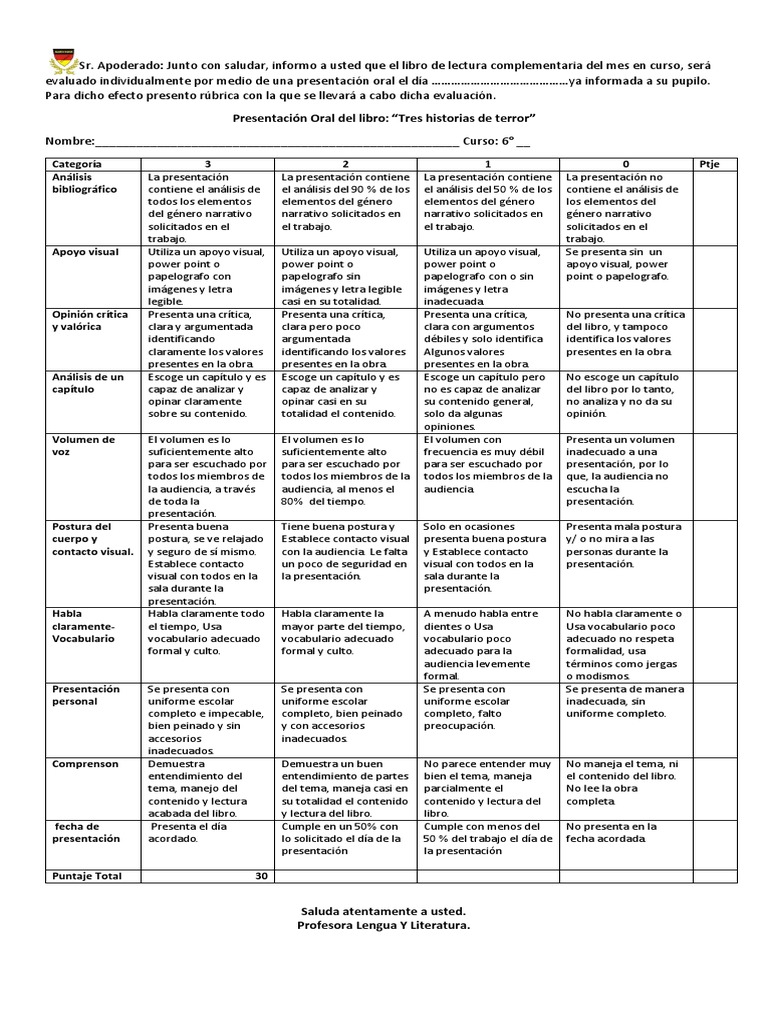 Rúbrica Evaluación Lectura Complementaria | PDF