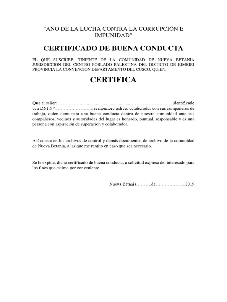 Certificado de Buena Conducta 2019 | PDF