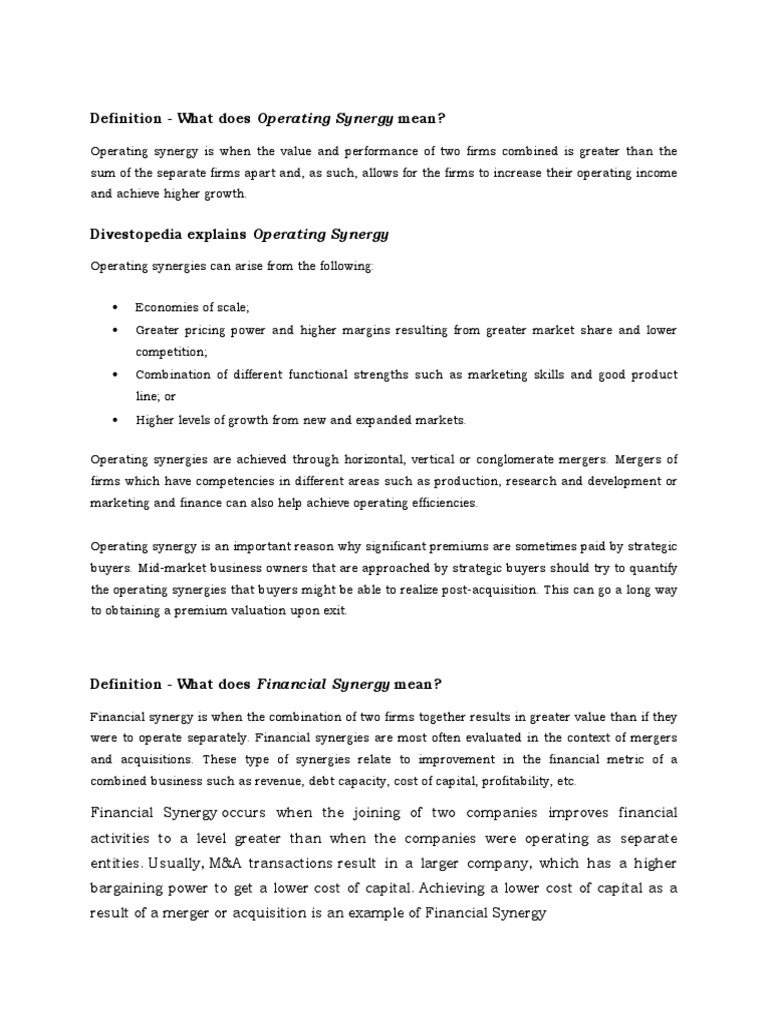 Definition - What Does Operating Synergy Mean? | Download Free PDF ...