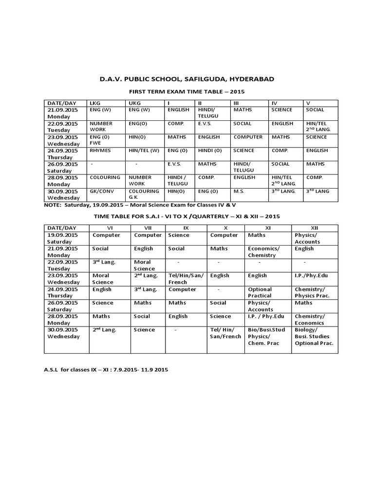 D.A.V. Public School, Safilguda, Hyderabad: First Term Exam Time Table ...
