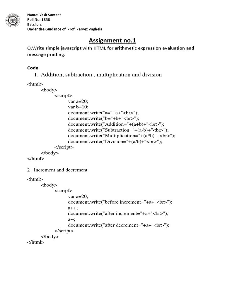 Assignment No.1: 1. Addition, Subtraction, Multiplication and Division ...