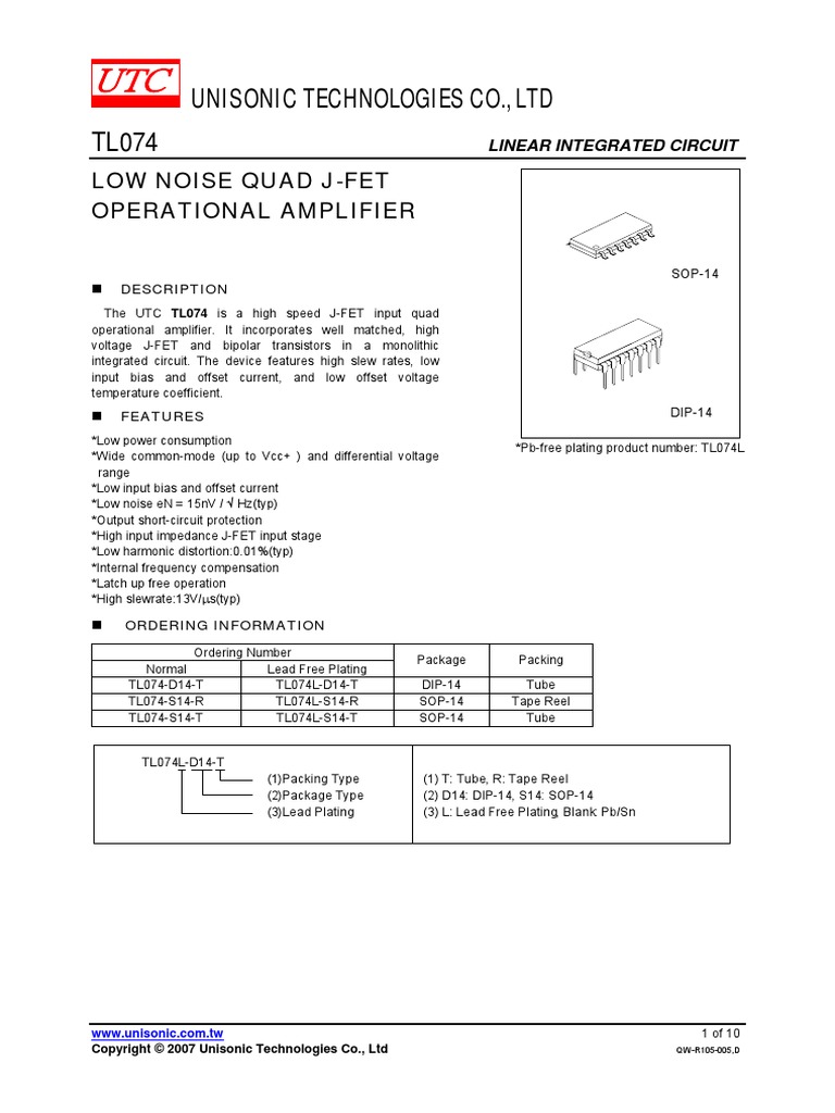 TL074 - Datasheet - HK | PDF | Operational Amplifier | Amplifier
