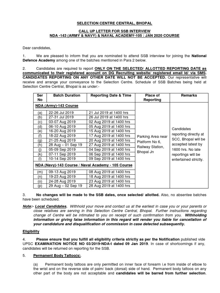 Call Up Letter Nda 143 (Army Navy) | PDF | Tattoo | Identity Document
