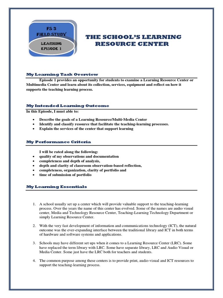 The School'S Learning Resource Center: FS3 Field Study | PDF | Educational Technology | Television