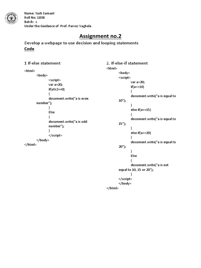 Assignment No.2: Develop A Webpage To Use Decision and Looping Statements | PDF | Computer ...