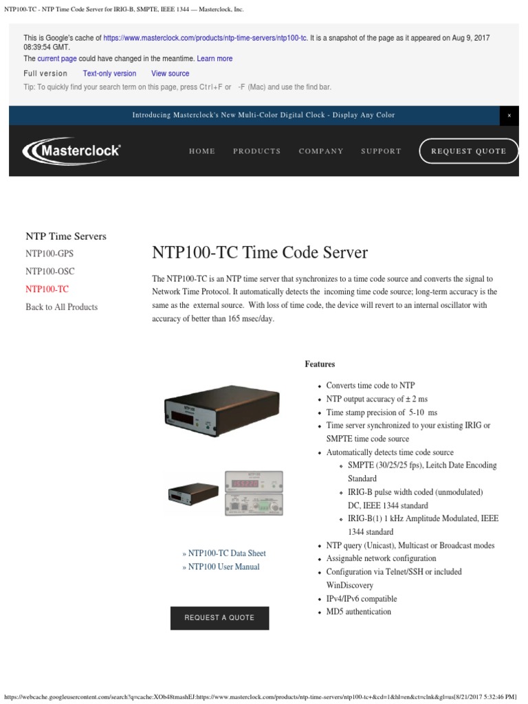 NTP100-TC - NTP Time Code Server For IRIG-B, SMPTE, IEEE 1344 ...
