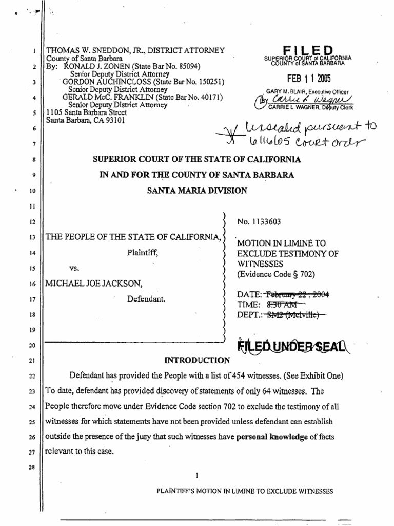 Defense Witness List 2005 Feburary