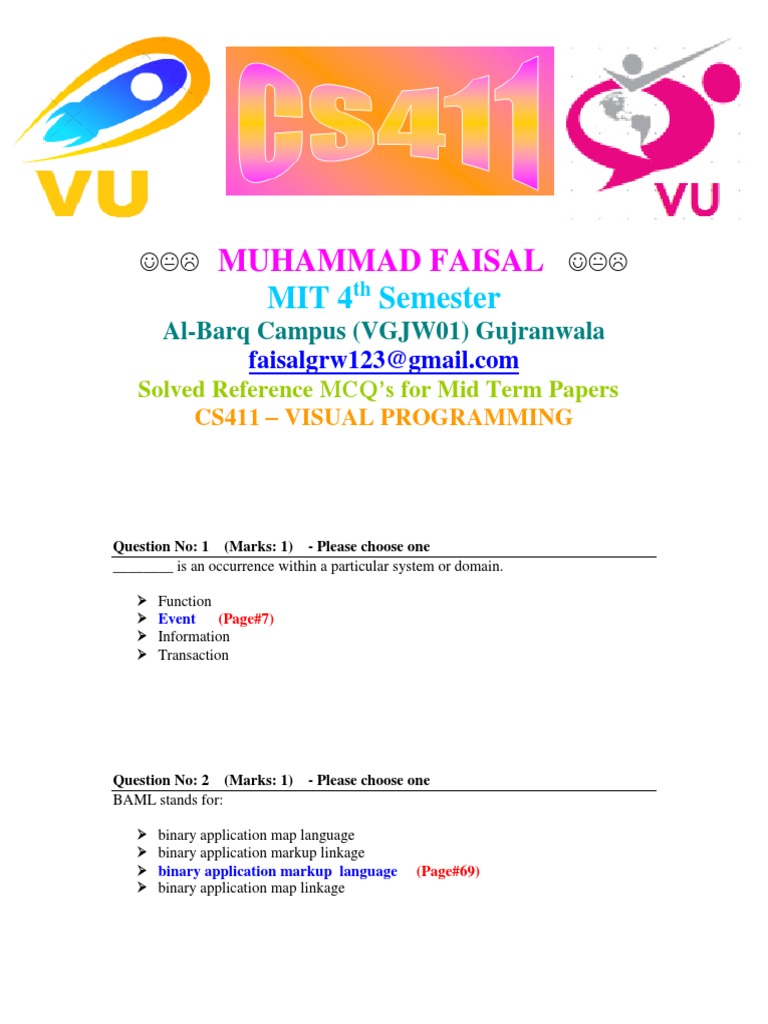 Cs411 Midterm Reference Mcqs File By Faisal Pdf Class Computer Programming Inheritance