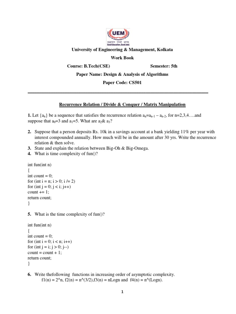 Design & Analysis of Algorithms Workbook | PDF | Dynamic Programming | Matrix (Mathematics)