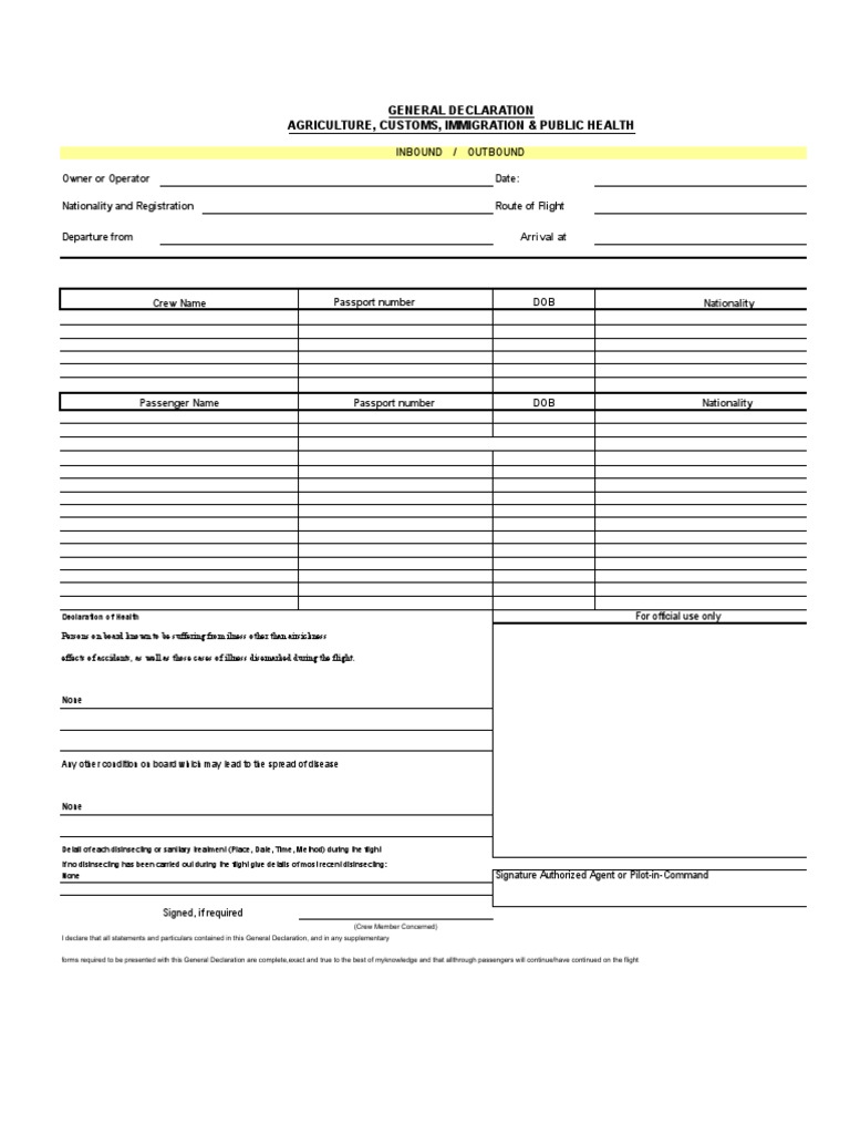 General Declaration Agriculture, Customs, Immigration & Public Health ...