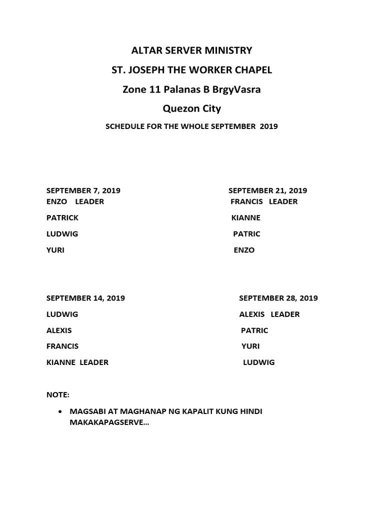 September 2019 Altar Server Schedule | PDF