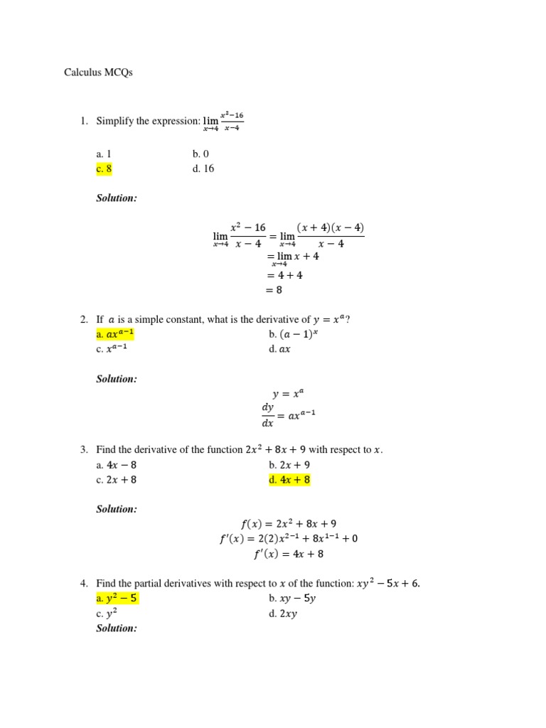 Calculus MCQs | PDF | Derivative | Slope