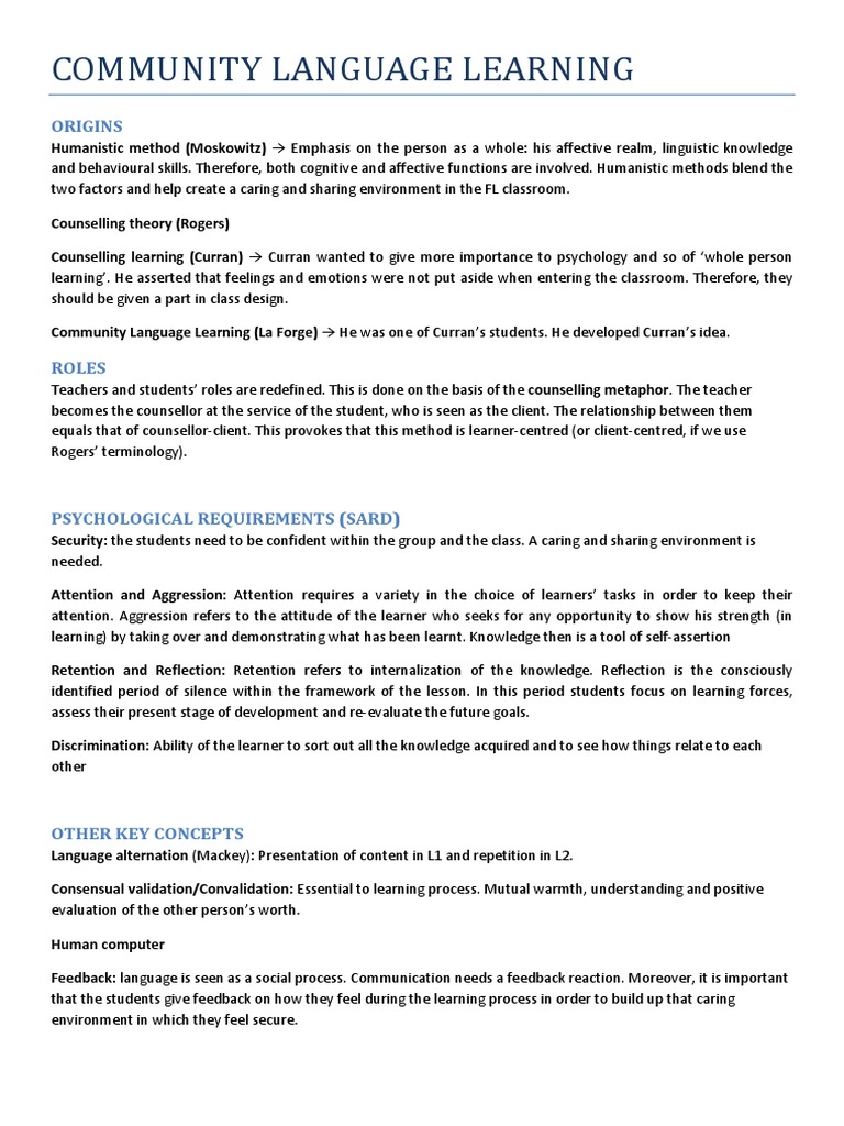 Community Language Learning Overview | PDF | Second Language | Learning