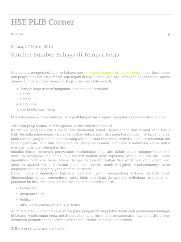 HSE PLIB Corner - Sumber-Sumber Bahaya Di Tempat Kerja | PDF