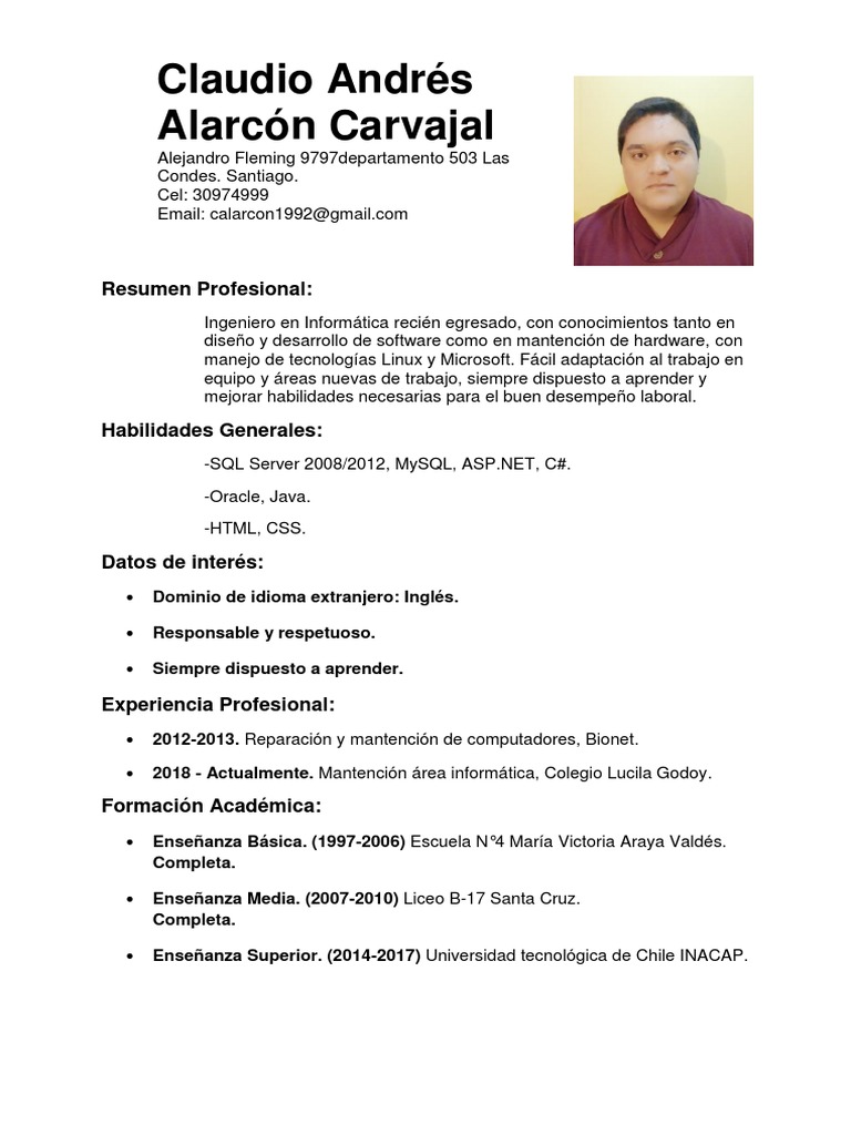 Curriculum Claudio Alarcón PDF | PDF | Informática | Software