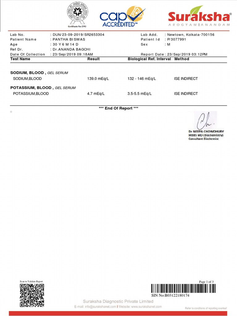 Sodium, Blood ,: Test Name Result Biological Ref. Interval Method | PDF ...