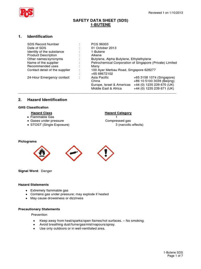 Safety Data Sheet (SDS) 1-Butene: GHS Classification Hazard Class ...