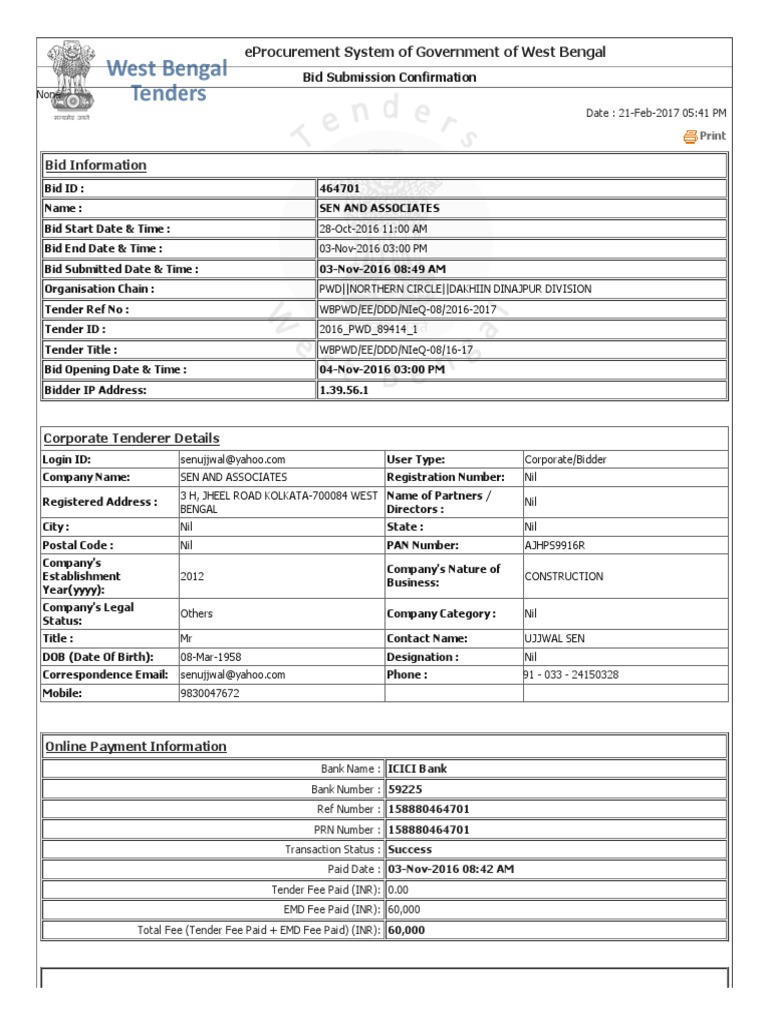 Eprocurement System of Government of West Bengal: Bid Information | PDF ...