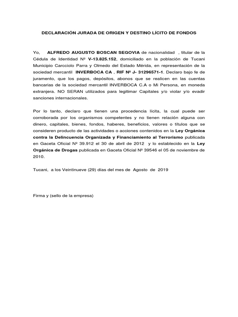 Declaración Jurada de Origen y Destino Lícito de Fondos | PDF ... Declaración Jurada de Origen y Destino Lícito de Fondos | PDF ...