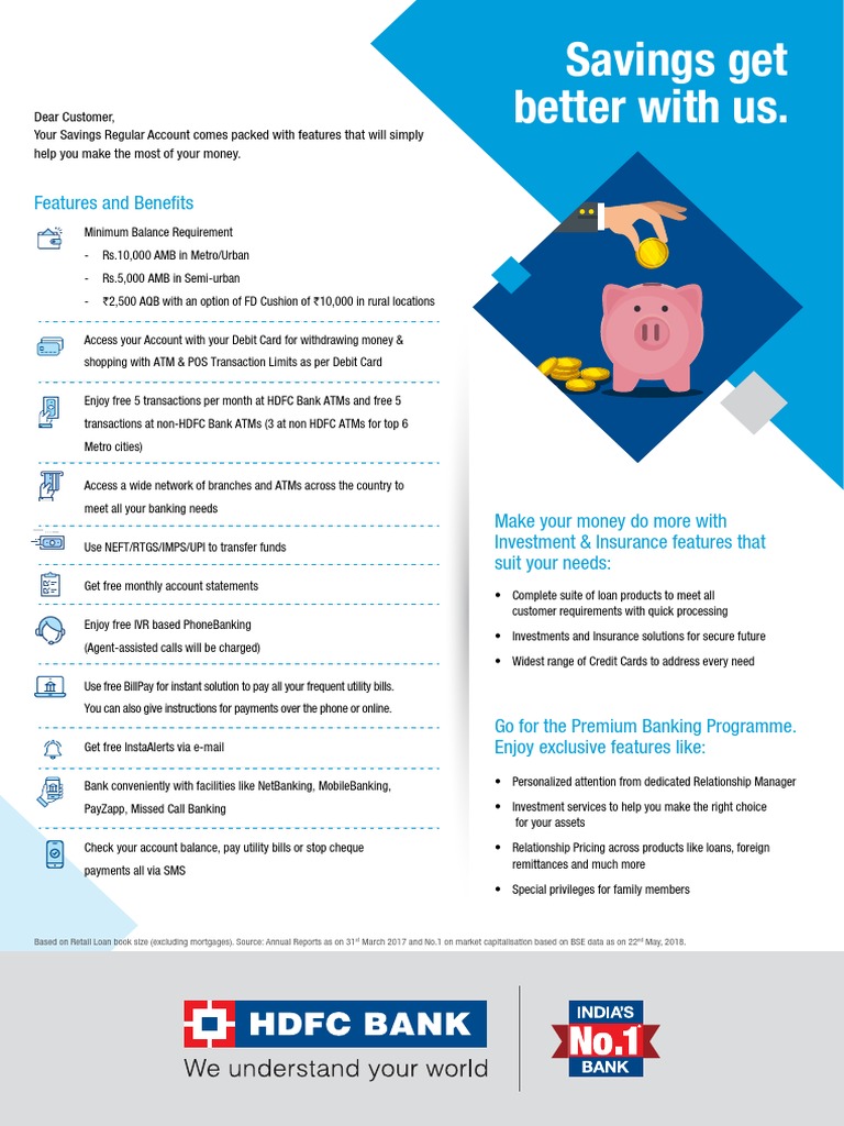 HDFC Bank One Pager English Regular Savings | PDF | Debit Card | Banks