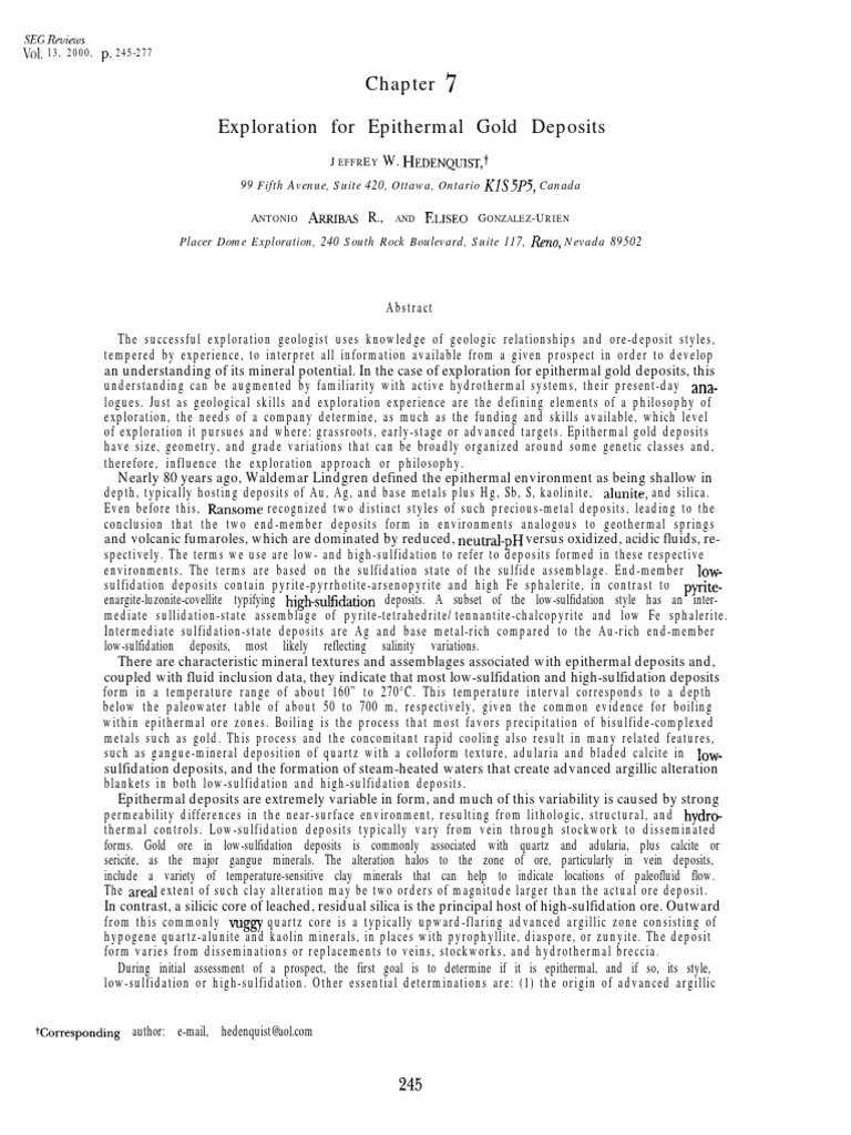 2000 - Hedenquist Et Al. - Exploration For Epithermal Gold Deposits PDF ...