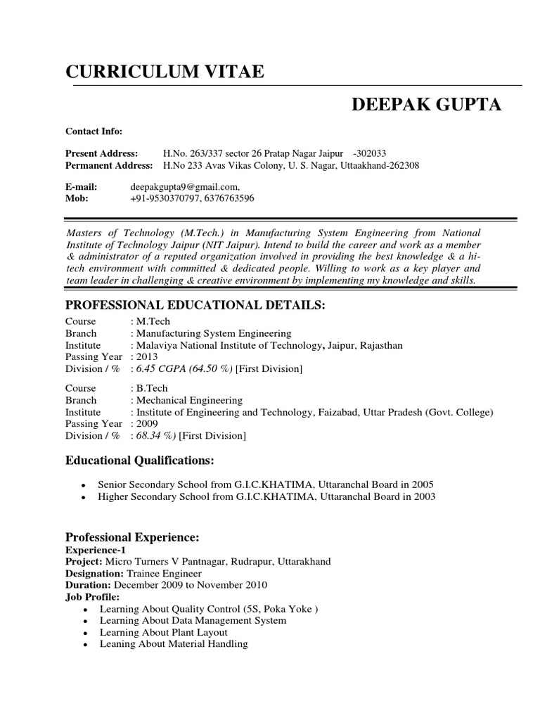 Curriculum Vitae Deepak Gupta: Professional Educational Details | PDF ...