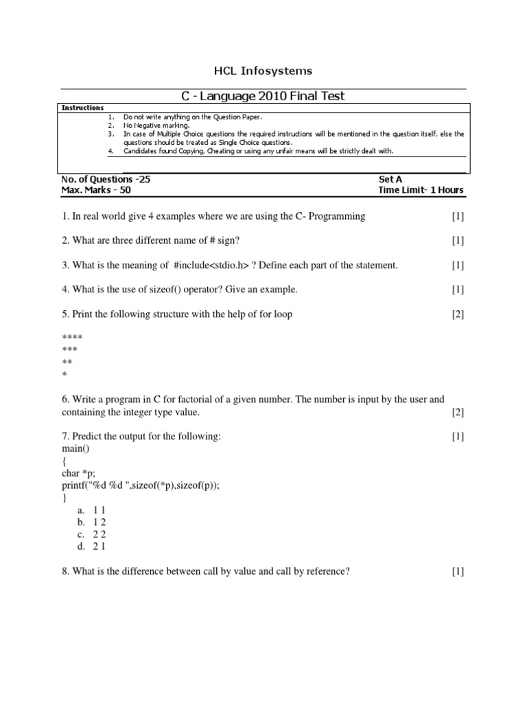 2nd Year Final Exam (A) | PDF | C (Programming Language) | Integer (Computer Science)